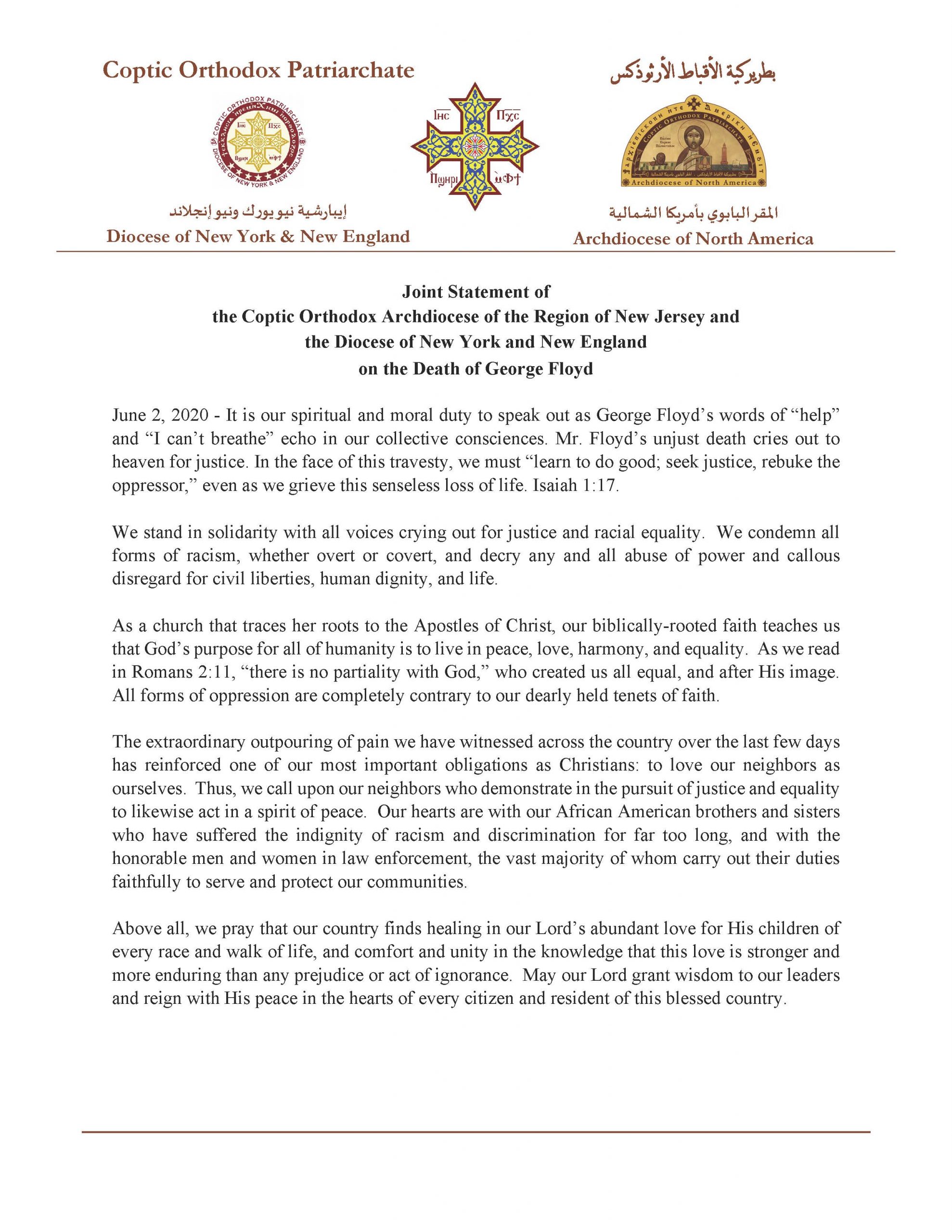 Joint Statement of the Coptic Orthodox Archdiocese of the Region of New ...